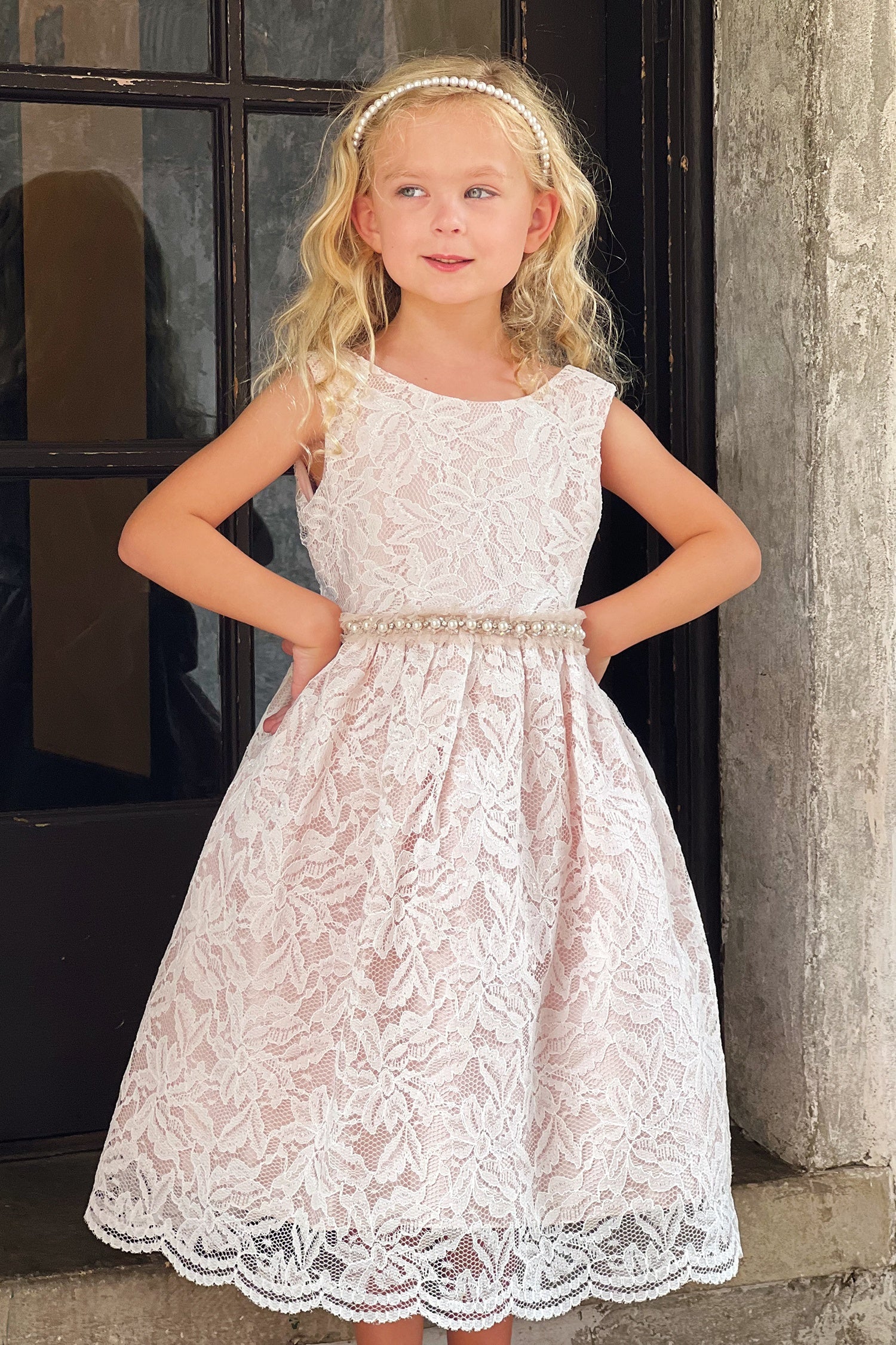 All Lace Girls Dress with V Back & Bow and Mesh Pearl Trim – Kid's Dream