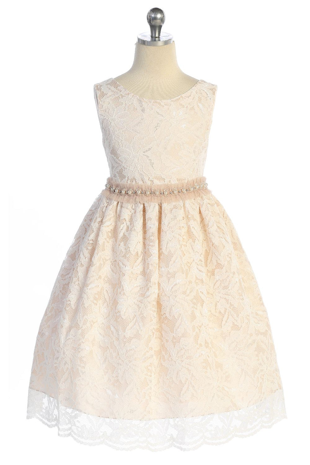 All Lace Girls Dress with V Back & Bow and Mesh Pearl Trim – Kid's Dream